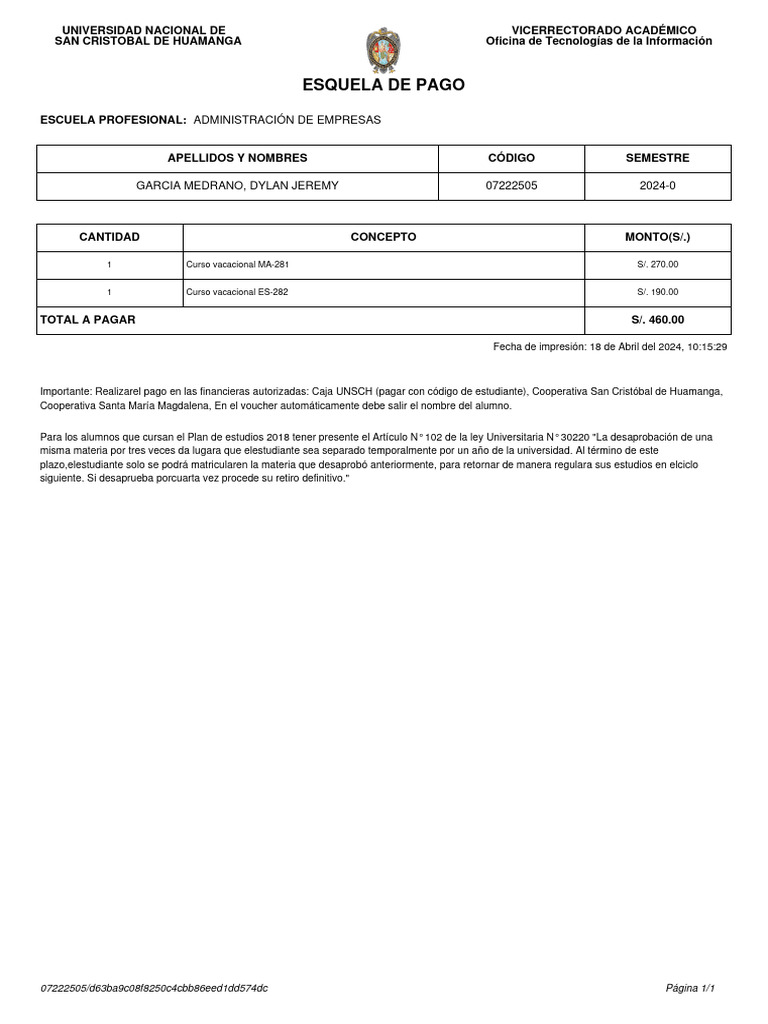 Esquela de Pago: Garcia Medrano, Dylan Jeremy 07222505 2024-0 | PDF