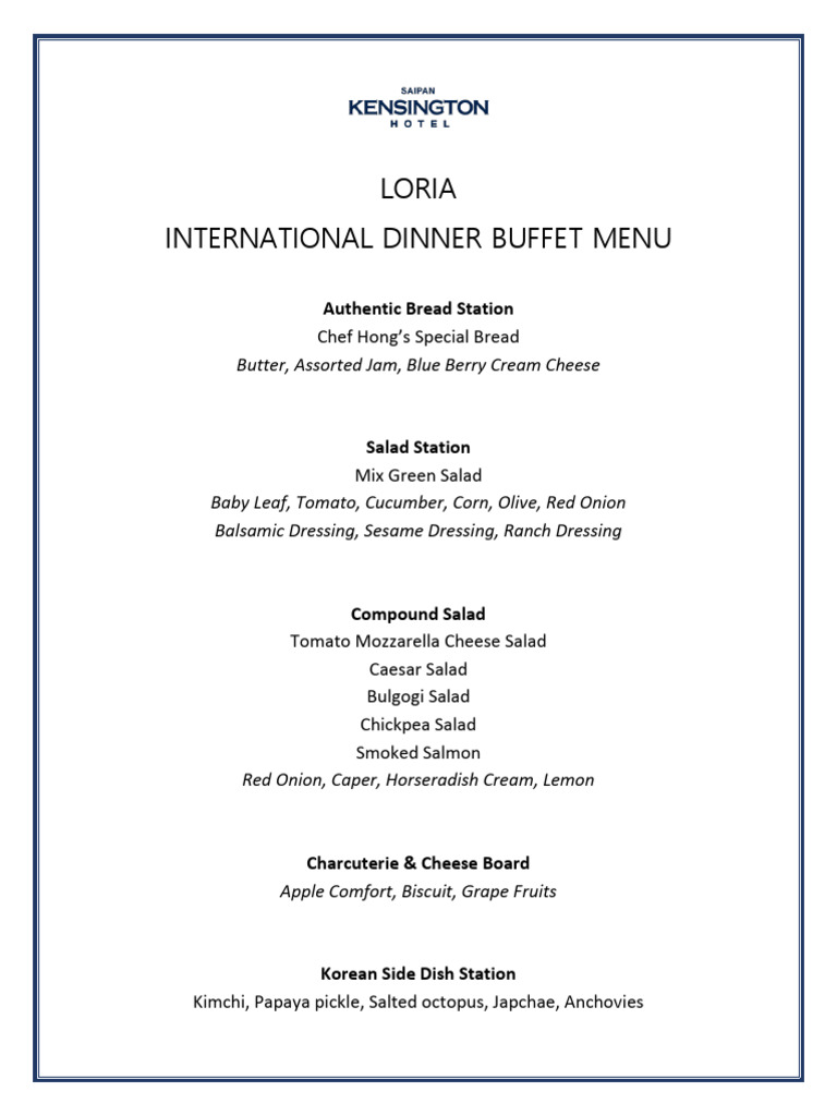 Loria International Dinner Buffet Menu | PDF | Sauce | Salad