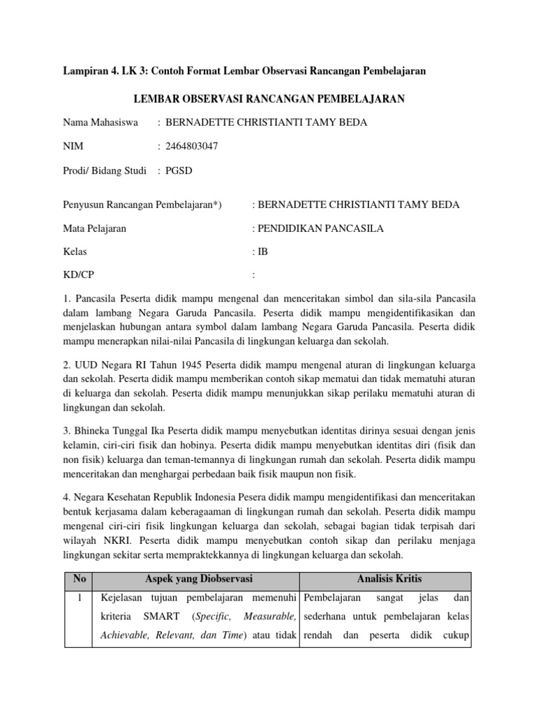 Lampiran 4. LK 3 Contoh Format Lembar Observasi Rancangan Pembelajaran ...