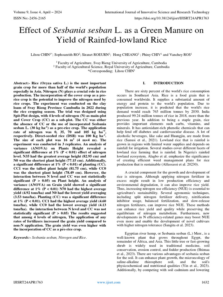 Effect of Sesbania Sesban L. As A Green Manure On Yield of Rainfed-Lowland Rice | PDF | Rice ...