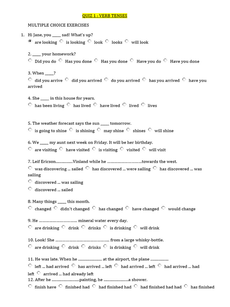 Multiple Choice Exercises Tenses 1 | PDF