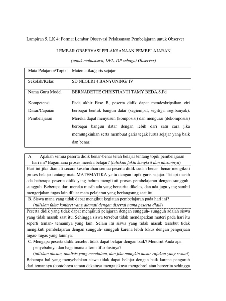Lampiran 5. LK 4 Format Lembar Observasi Pelaksanaan Pembelajaran Untuk Observer | PDF