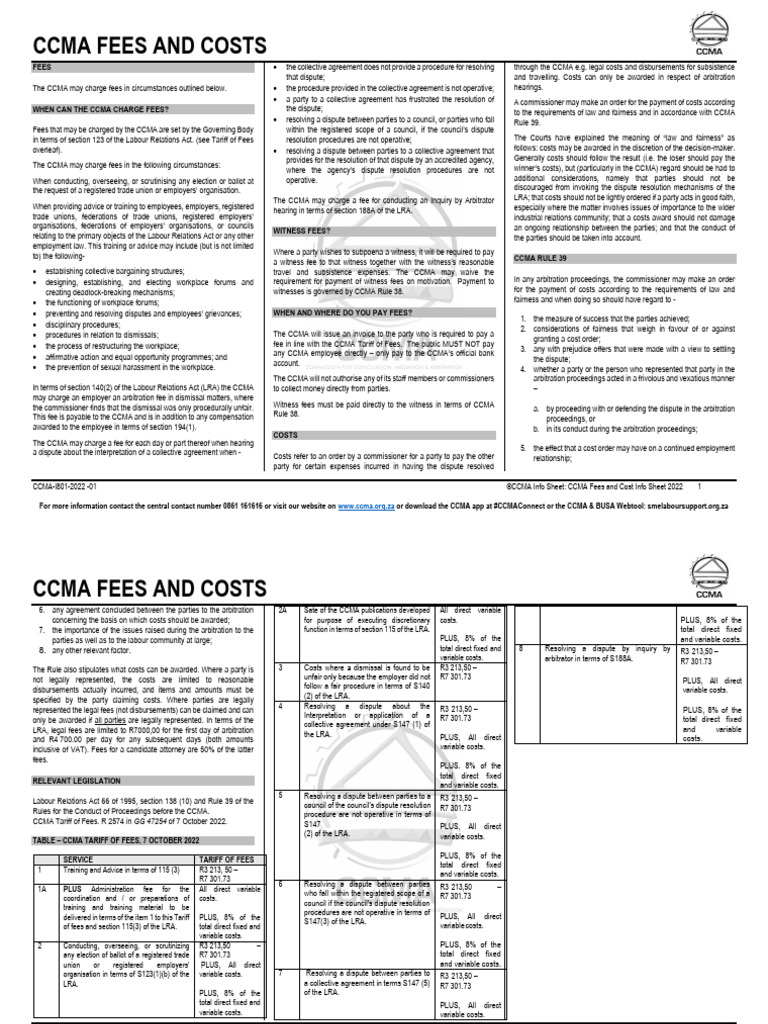 CCMA Fees and Costs Info Sheet 2022-01 | PDF | Arbitration | Employment