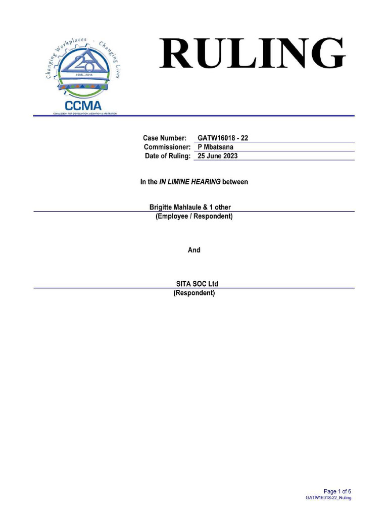 Ccma Gauteng - 25 June 2023 Ruling | PDF