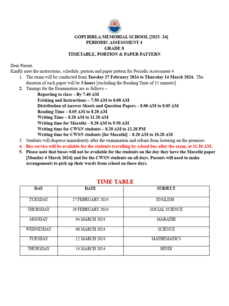 G8 - PA4 - Time Table Portion & Paper Pattern - 2023-24 | Download Free PDF | Linguistics | Grammar