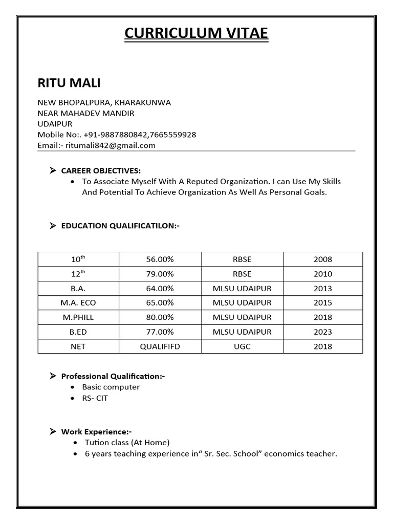 Ritu Mali's Curriculum Vitae | PDF