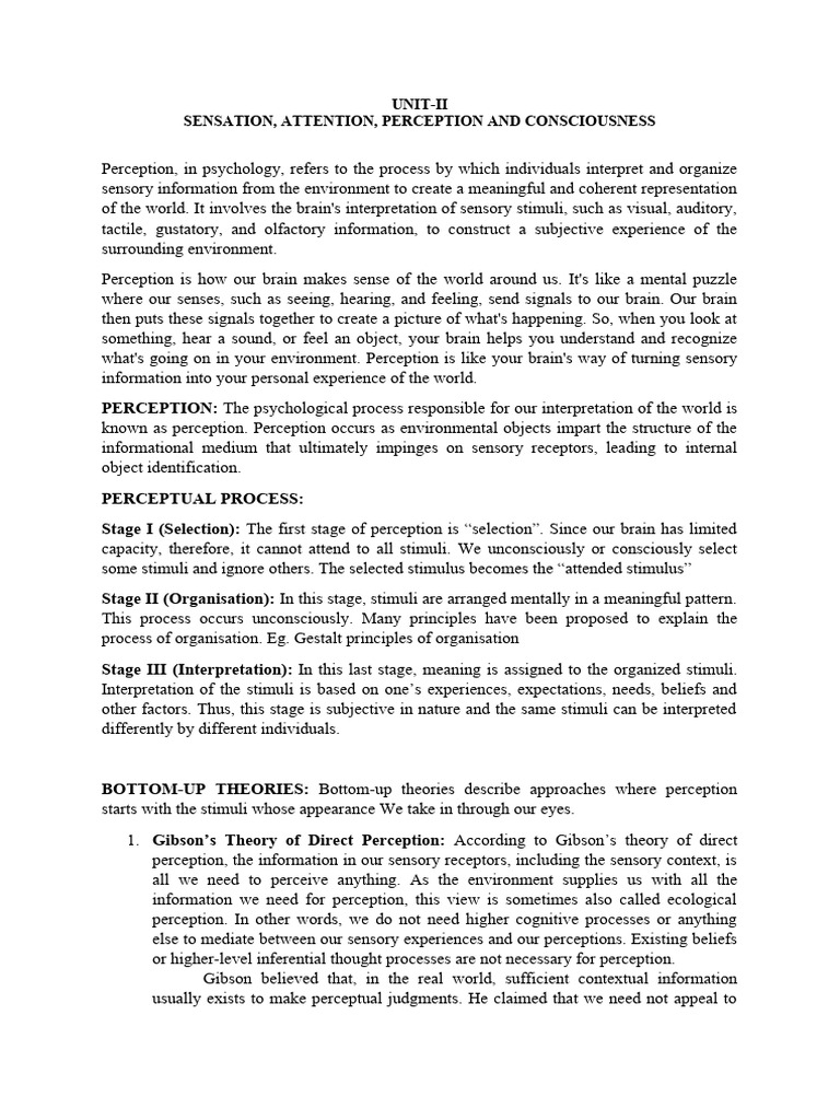 Unit 2 Sensation, Attention, Perception and Consciousness | PDF | Perception | Senses