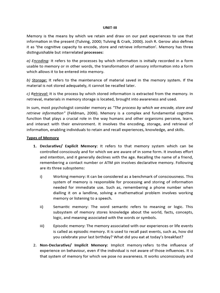 Unit-3 Memory and Others | PDF | Memory | Psychological Concepts