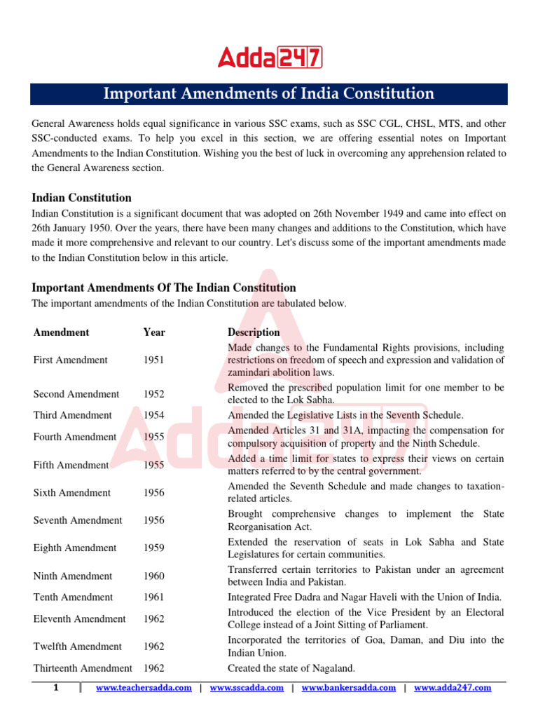 Important Amendments to Indian Constitution | PDF | Government | Justice