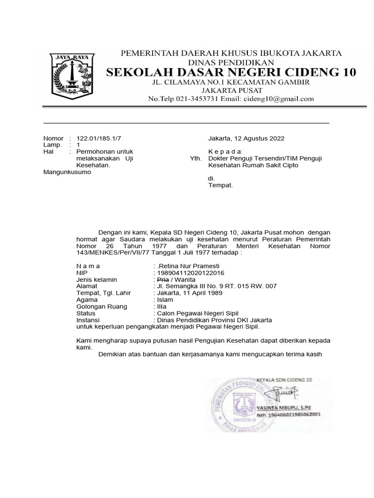 Permohonan Uji Kesehatan PNS Jakarta | PDF