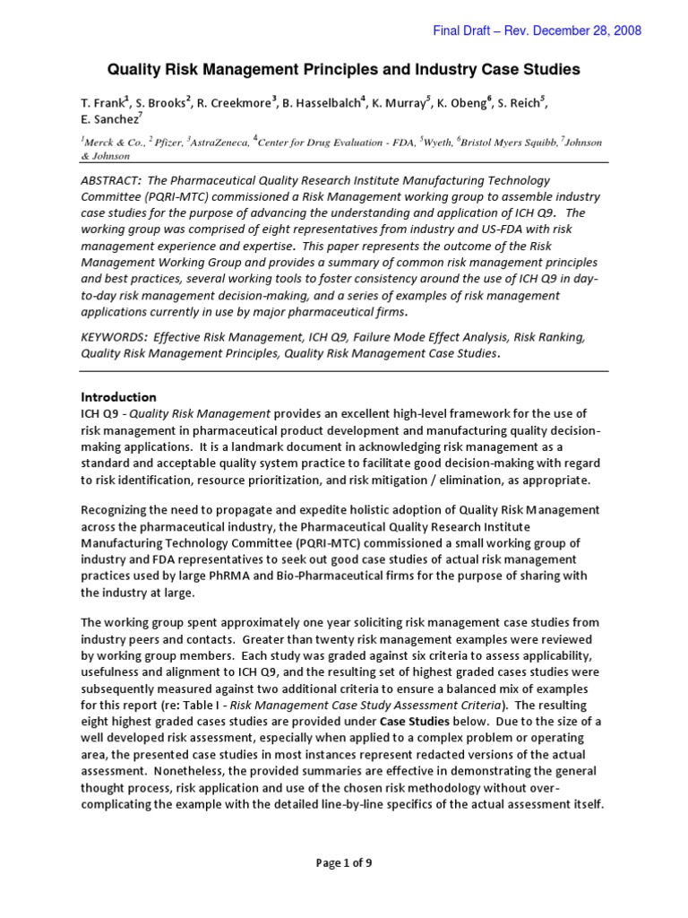 Quality Risk Management Principles and Industry Case Studies December ...