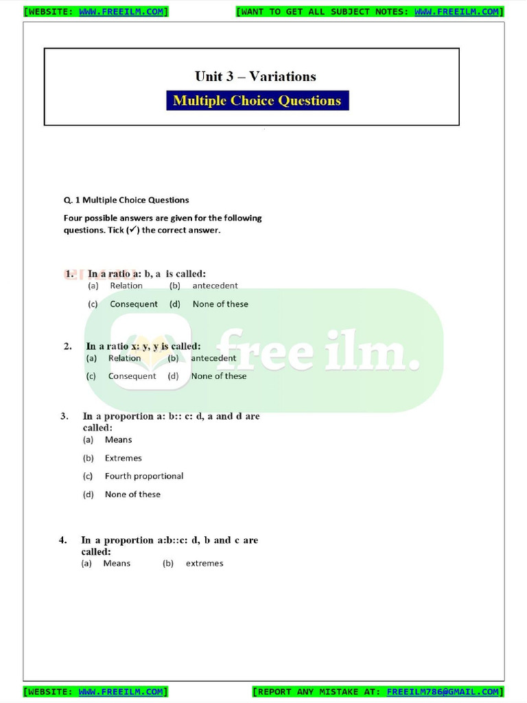 10th Maths Chap3 MCQ's | PDF