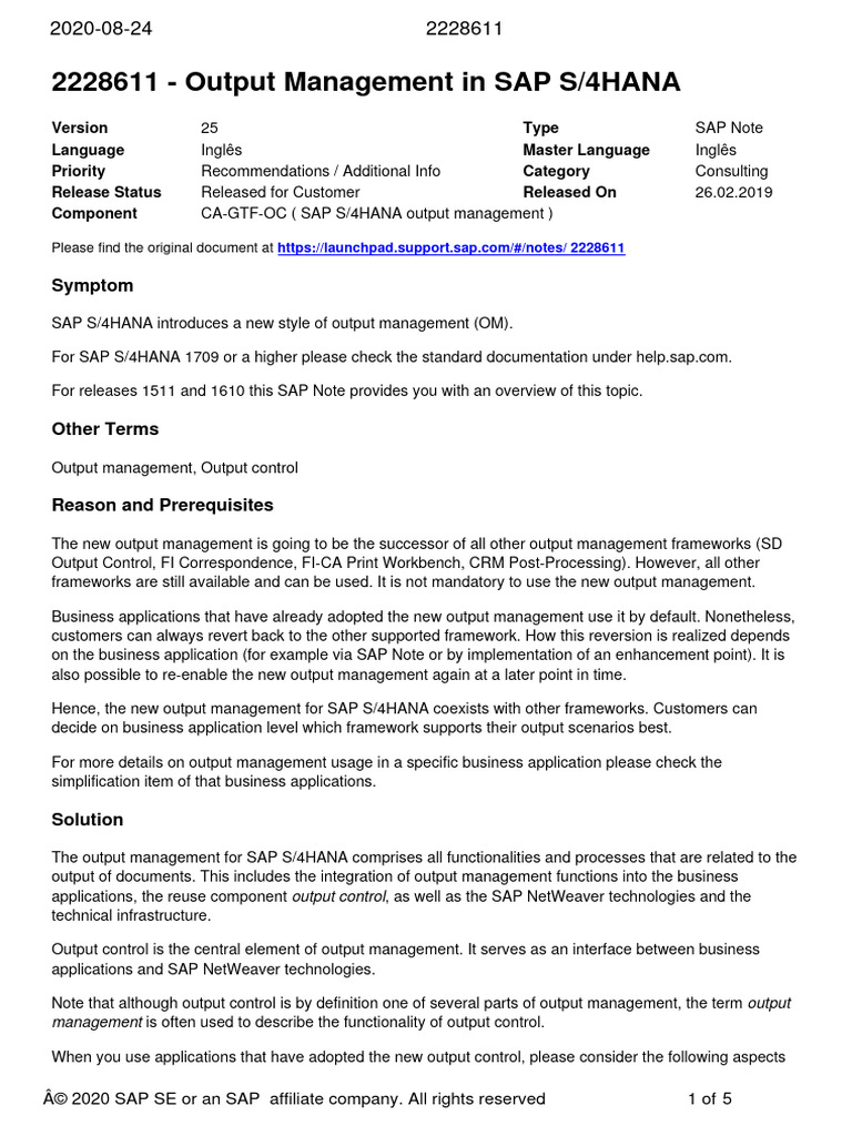 SAPnote 2228611 - Output Management in SAP S4HANA | PDF | Computing | Software