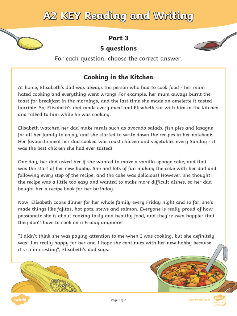 Reading and Writing Part 3 Worksheet Cooking | PDF | Meal | Cooking
