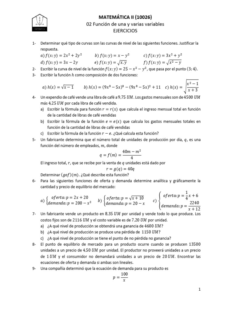02 Funcion de Una y Varias Variables EJERCICIOS | PDF | Precios | Oferta (economía)