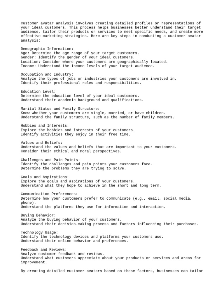 Customer Avatar Analysis | PDF | Market Segmentation | Target Audience