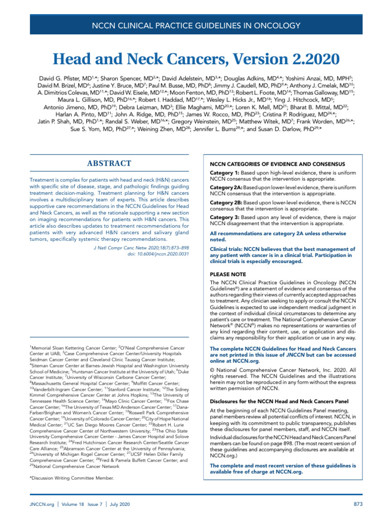 Head and Neck Cancers, Version 2.2020: NCCN Clinical Practice Guidelines in Oncology | PDF | Ct ...