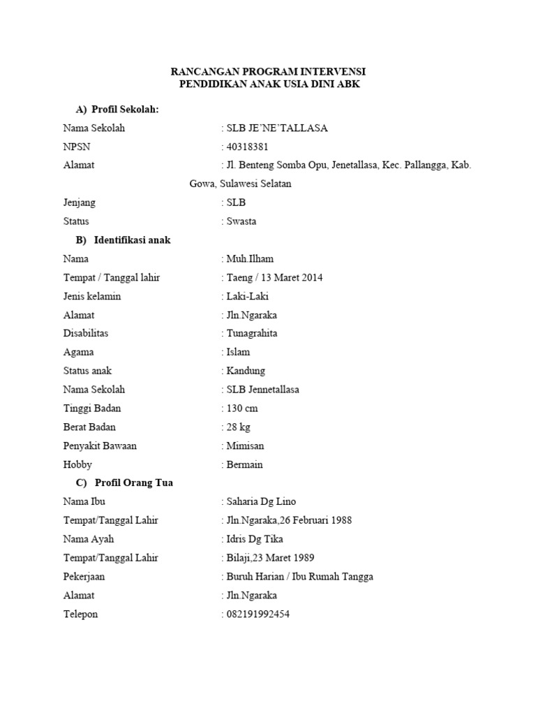 Rancangan Program Intervensi Pud Abk | PDF