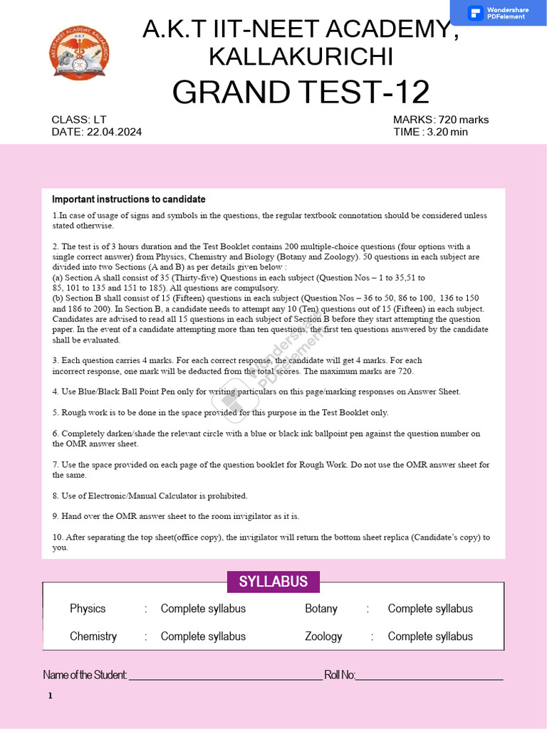 Lt-Grand Test-12 22.04.24 Final | PDF | Force | Chemistry