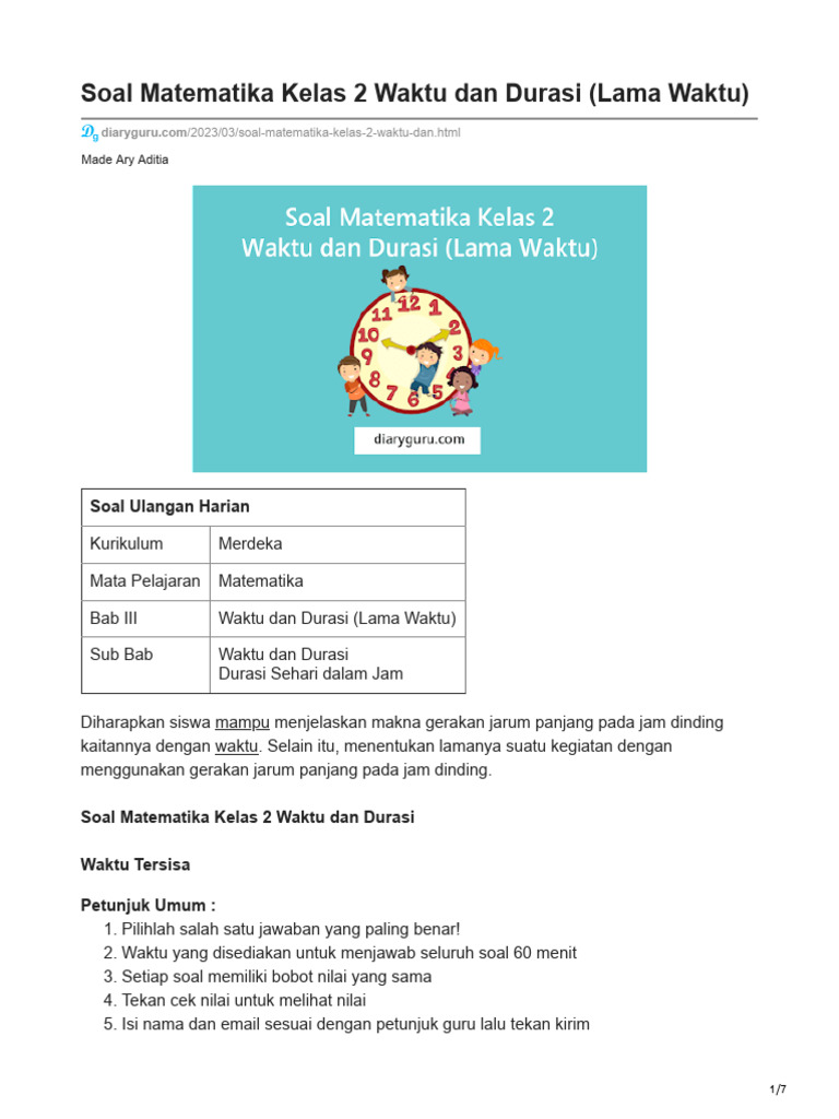 Soal Matematika Kelas 2 Waktu Dan Durasi Lama Waktu | PDF