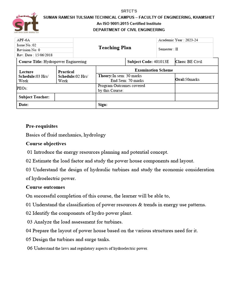 Teaching Plan HPE | PDF | Power Station | Hydroelectricity