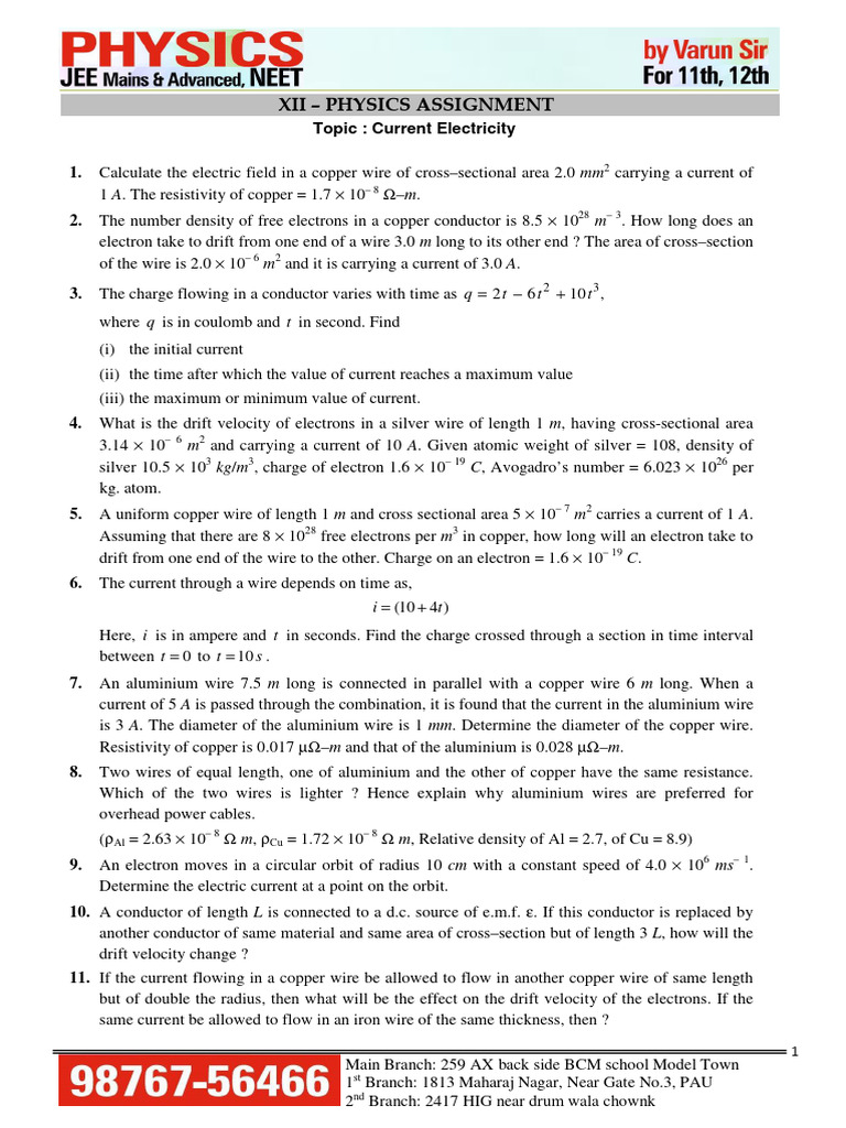 XII Phy Asg Current Electricity | PDF | Electricity | Electrical Engineering