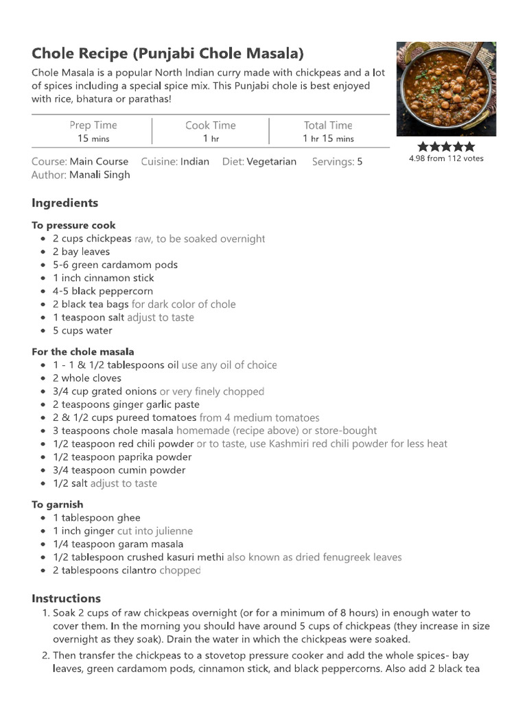Chole Recipe (Punjabi Chole Masala) | PDF