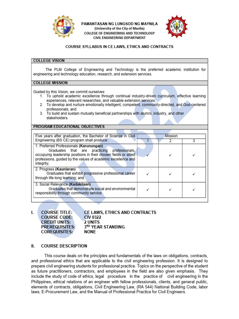 CE Laws, Ethics & Contracts Syllabus | PDF | Engineering | Civil Engineering
