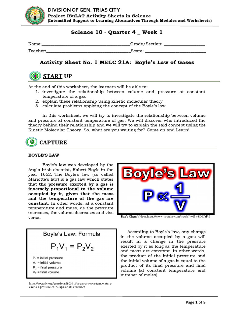 Science 10 4q Week 1 Boyles Law | PDF | Gases | Pressure