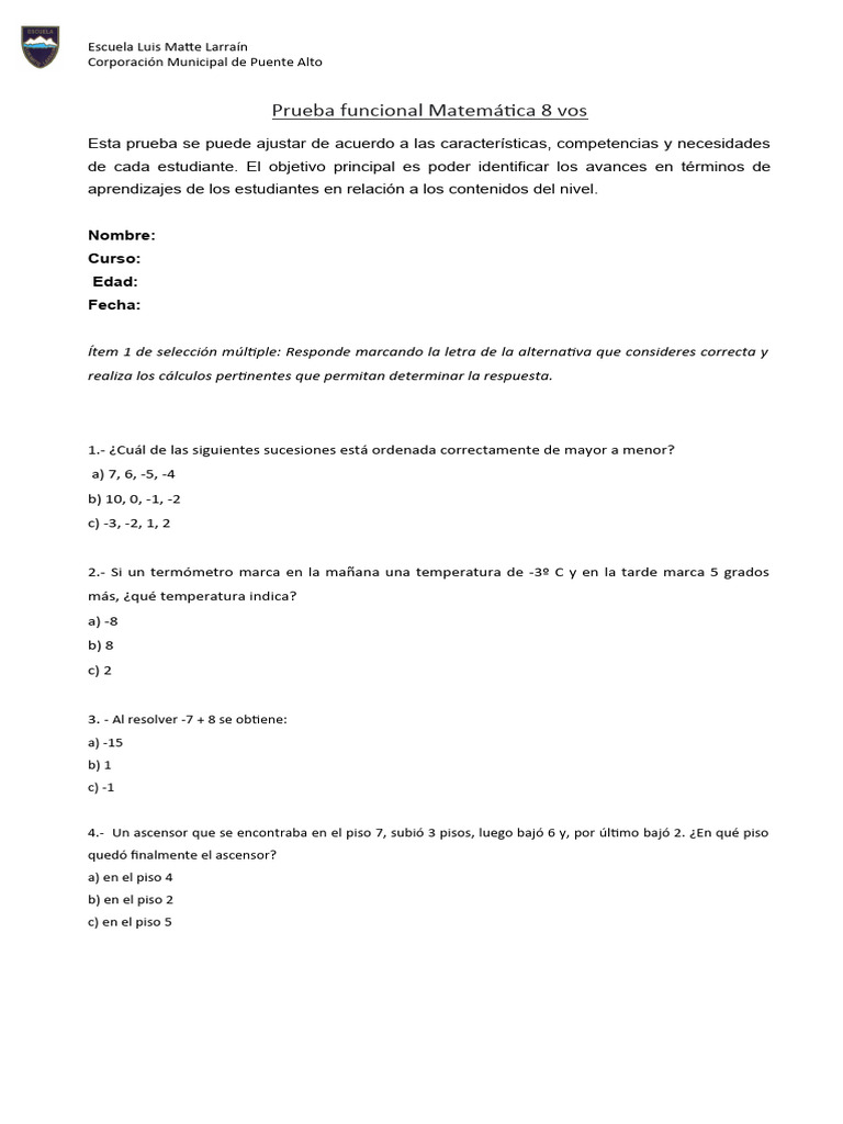 Prueba funcional Matemática | PDF | Matemática Elemental | Matemáticas