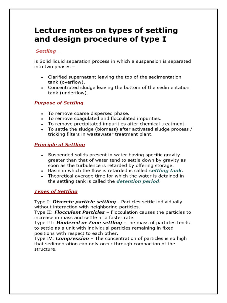 Types of Settling in Sedimentation Tanks | PDF | Applied And ...