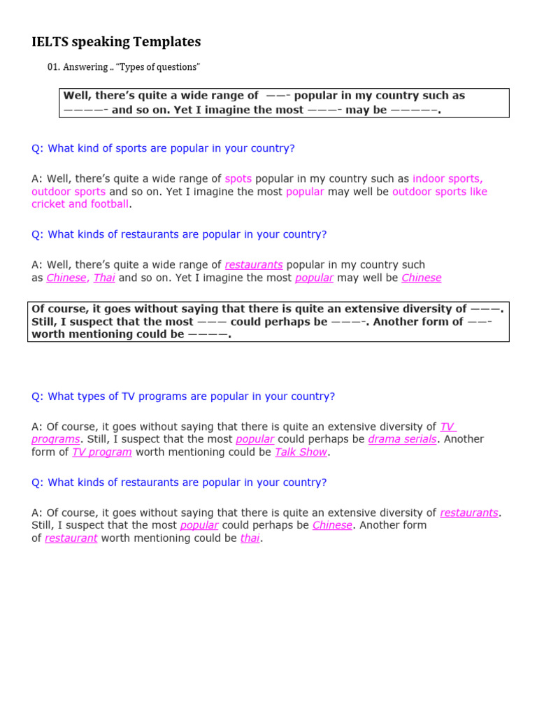 IELTS speaking Templates | PDF