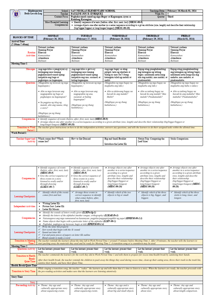 Kindergarten DLL MELC Q3 WK5 RUBY LAXAMANA 2023 2024 | PDF | Learning | Question