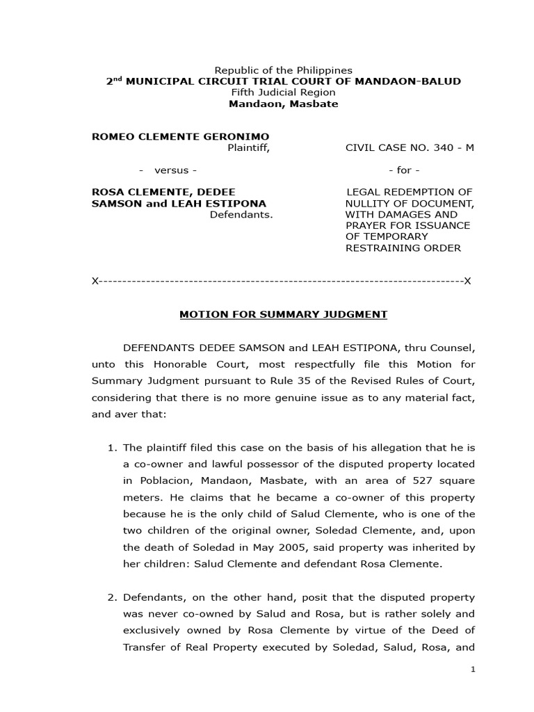Motion For Summary Judgment Sola | PDF | Summary Judgment | Deed
