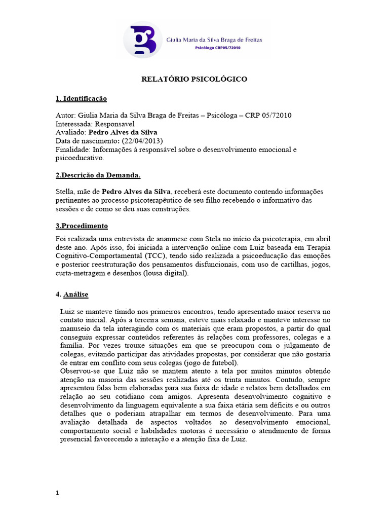 Modelo Relatório Psicológico 2019 | Download grátis PDF | Psicologia ...