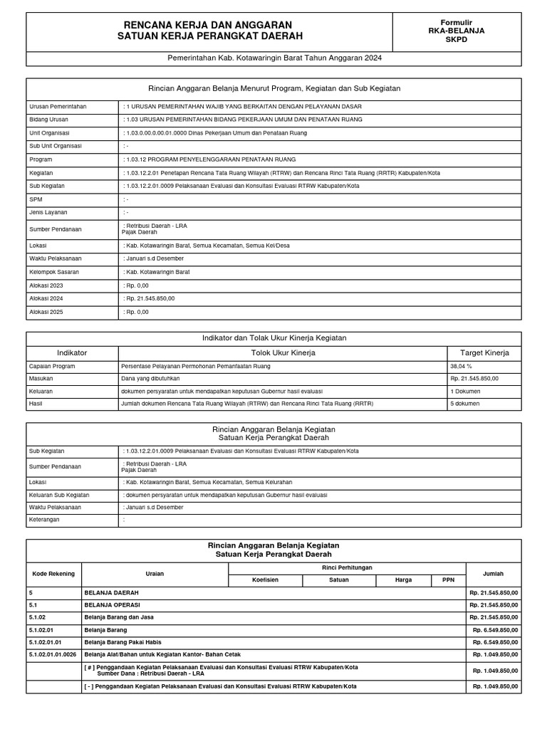 Rencana Kerja Dan Anggaran Satuan Kerja Perangkat Daerah: Formulir Rka-Belanja SKPD | PDF