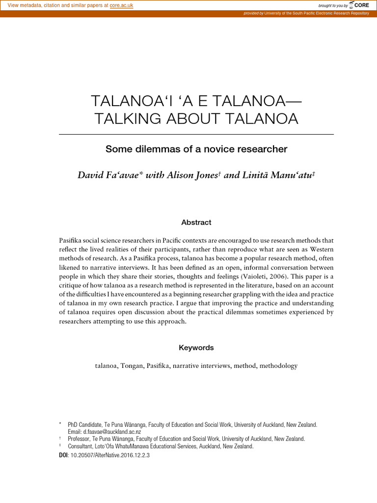Talanoa I A E Talanoa - Talking About Talanoa: Some Dilemmas of A ...