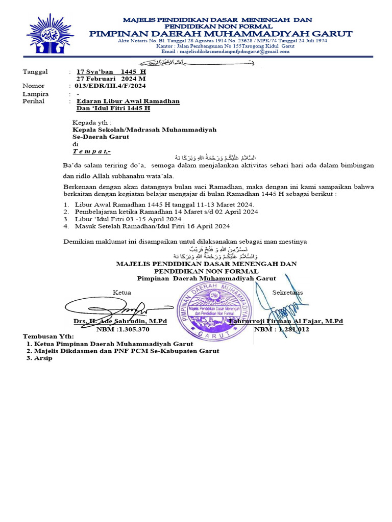 Surat Edaran Libur Awal Ramadhan Dan Idul Fitri 1445 H | PDF