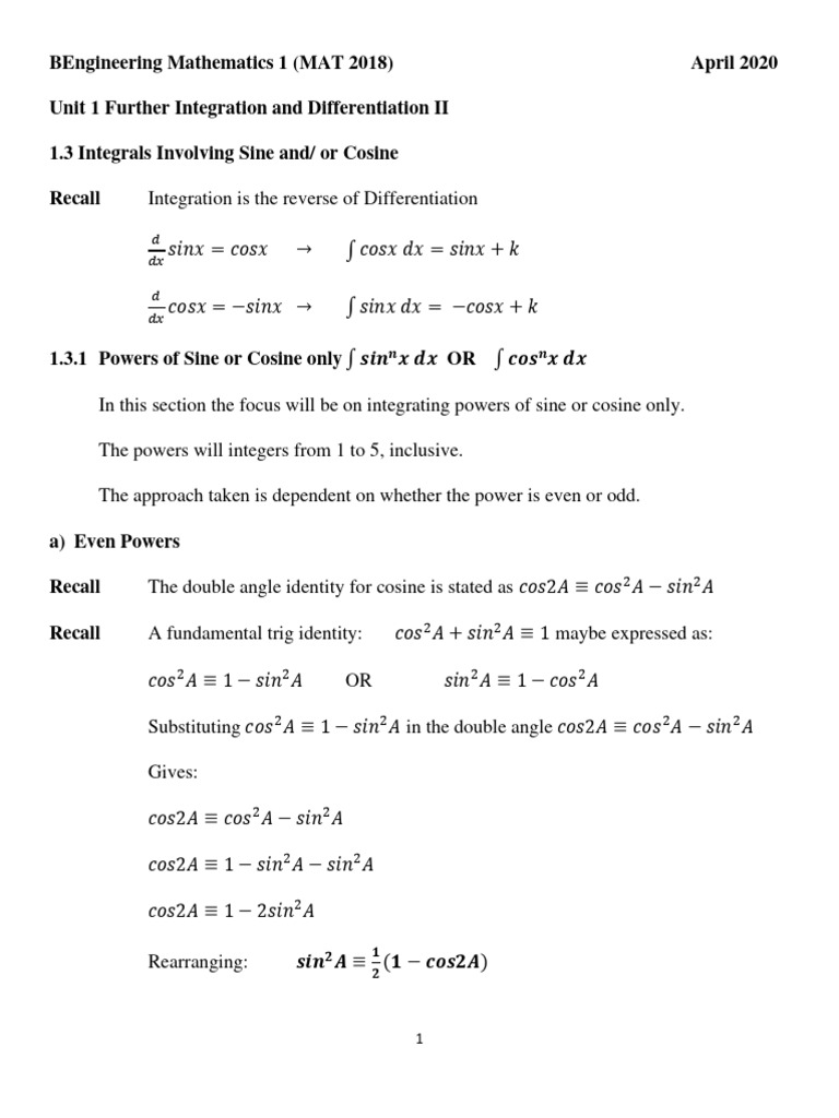 Integrals Involving Sine Andor Cosine | PDF | Mathematical Relations ...