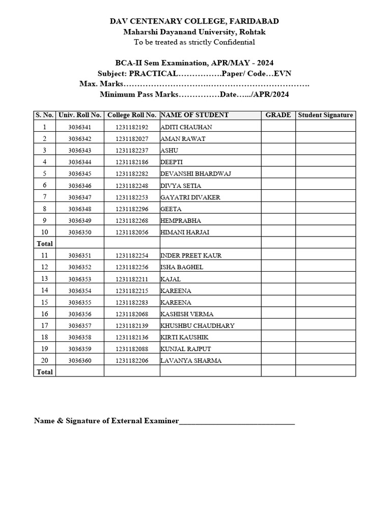 Signature Chart Bca Sem. 2 Evs Reg. & Reappear | PDF
