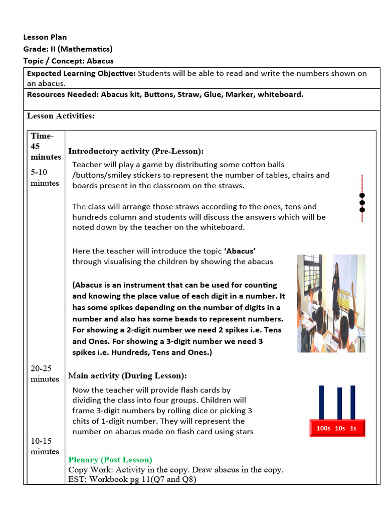 Abacus Lesson Plan for Grade II Math | PDF