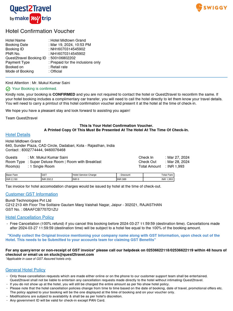Hotel Confirmation Voucher: Your Booking Is Confirmed | PDF | Value ...