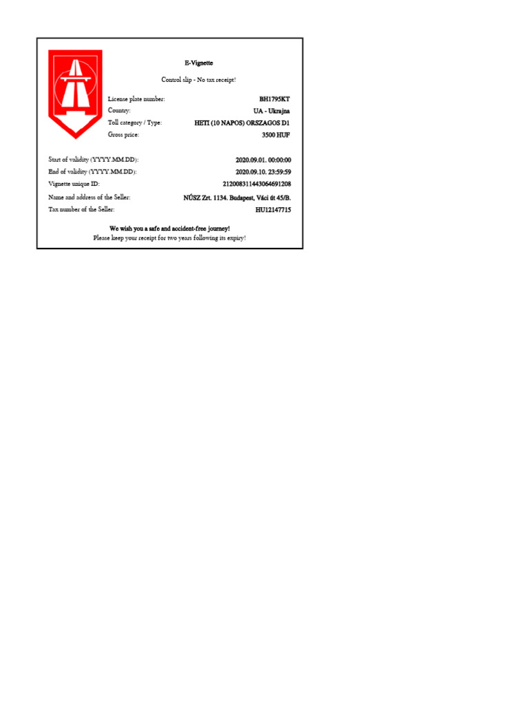 E-Vignette Toll Receipt Details | PDF