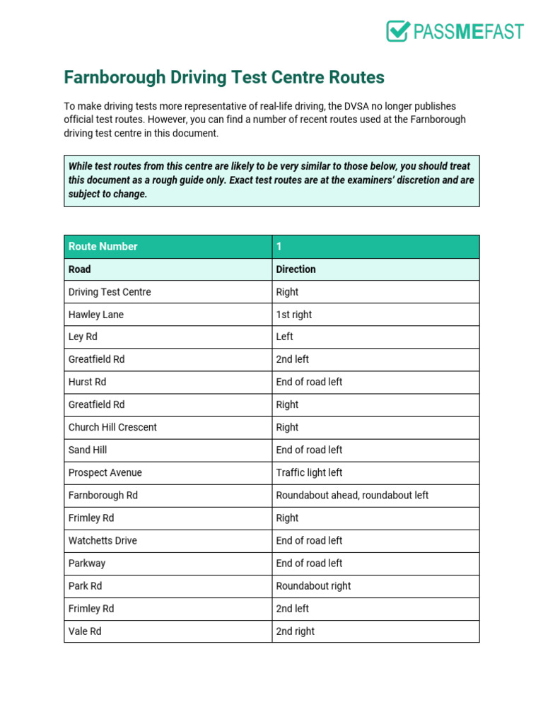Farnborough Driving Test Routes | PDF | Routes | Infrastructure