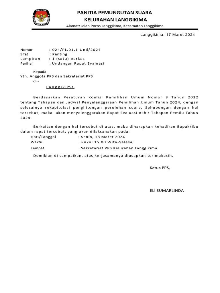 Undangan Rapat Evaluasi Pemilu 2024 | PDF