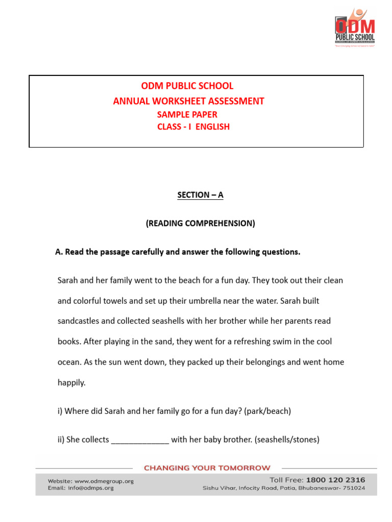 STD-I (ENGLISH) SAMPLE QUESTION PAPER -ANNUAL.docx | PDF | Adverb | Linguistics