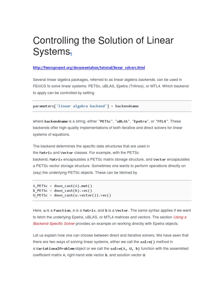 Controlling The Solution of Linear Systems - Fenicsproject | PDF | System Of Linear Equations ...