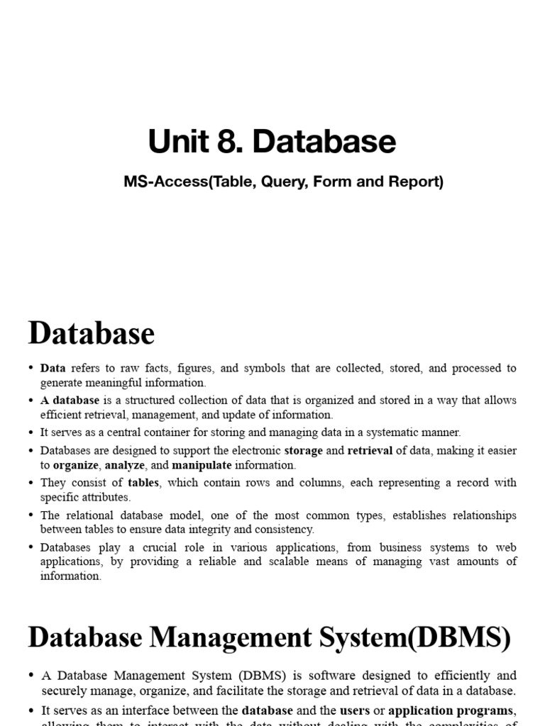Unit 8. Database | Download Free PDF | Databases | Microsoft Access