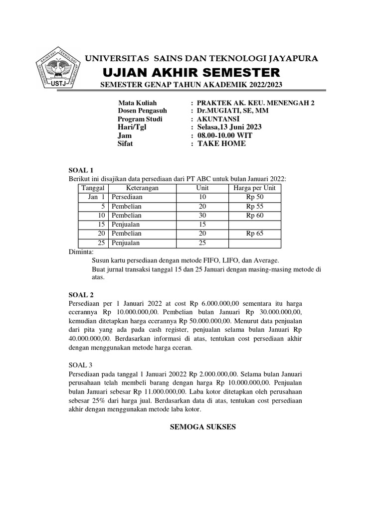 Soal Praktek Akuntansi Keuangan Menengah 2 (UAS Genap 2022-2023) | PDF
