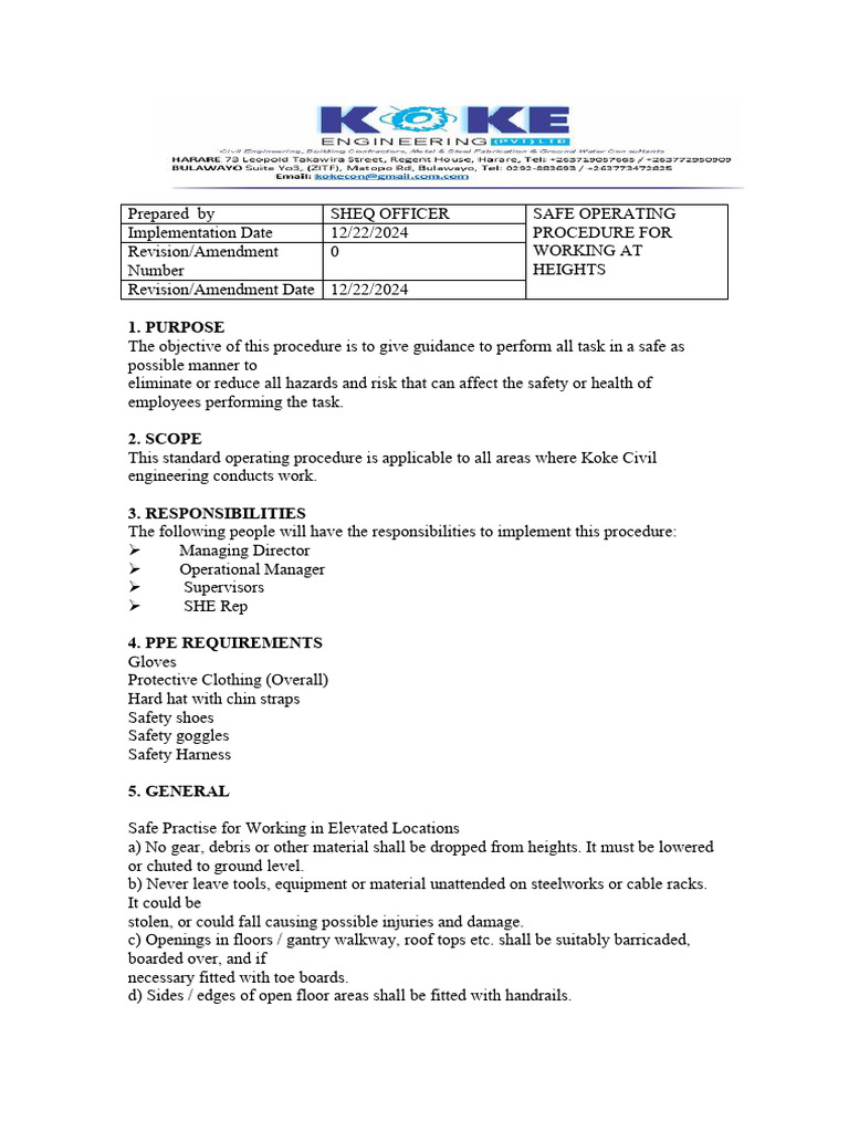 Safe Operating Procedure for Working at Heights | PDF | Personal ...